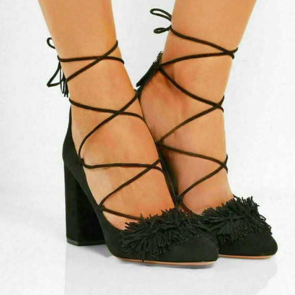 Aquazzura | Shoes | Nwt Aquazurra Wild Pump 85 Lace Up Fringe Black ...